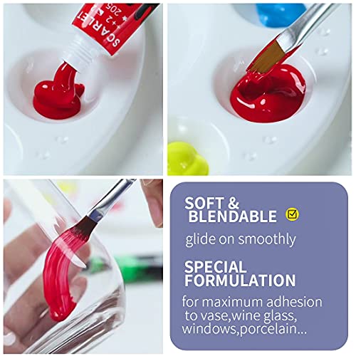 Colorful Acrylic Glass Paint Set with 6 Brushes, 1 Palette, 12 Colors Glass Paints for Wine Glass, Bulb, Waterproof Acrylic Enamel Paint Kit to Create Translucent Arts on Porcelain, Window & Ceramic