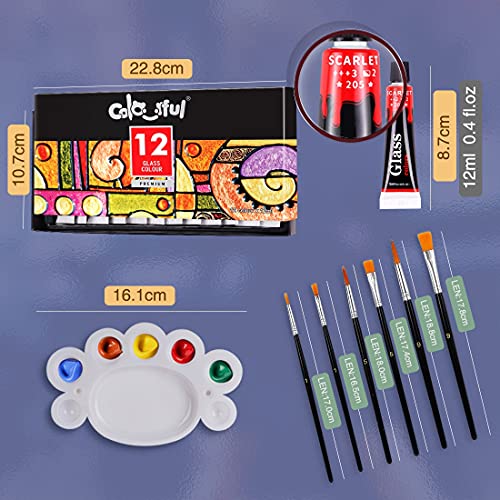 Colorful Acrylic Glass Paint Set with 6 Brushes, 1 Palette, 12 Colors Glass Paints for Wine Glass, Bulb, Waterproof Acrylic Enamel Paint Kit to Create Translucent Arts on Porcelain, Window & Ceramic