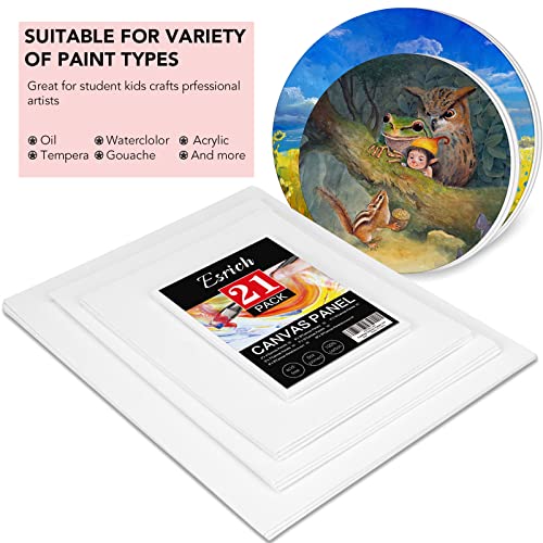 ESRICH Canvases for Painting Blank Cotton Canvas Boards 21Pack with 7 Size 4*4", 5*7", 8*10", 9*12", 11*14"，Round Canvas with 8*8", 10*10", 3 of Each, Painting Canvas for Oil & Acrylic Paint