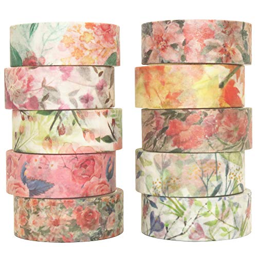 YUBBAEX 10 Rolls Spring Flowers Washi Tape Set Masking Decorative Tapes (Warm Tone)