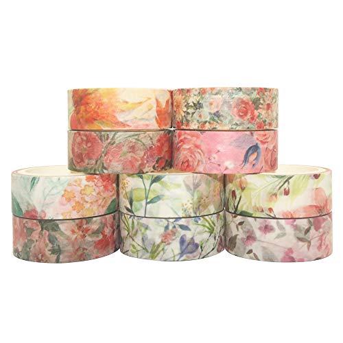 YUBBAEX 10 Rolls Spring Flowers Washi Tape Set Masking Decorative Tapes (Warm Tone)