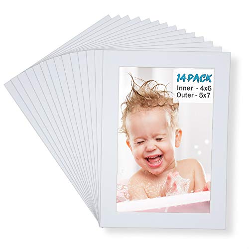 Egofine 5x7 White Picture Mats Pack of 14, Frame Mattes for 4x6 Pictures, Acid Free, 1.2mm Thickness, with Core Bevel Cut