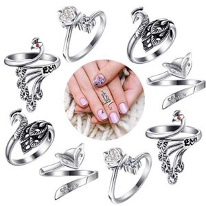 8 pcs knitting loop crochet ring adjustable knitting loop ring adjustable braided ring metal yarn guide finger holder peacock open finger thimble finger crochet ring accessories for crafts(silver)