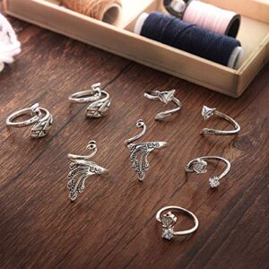 8 Pcs Knitting Loop Crochet Ring Adjustable Knitting Loop Ring Adjustable Braided Ring Metal Yarn Guide Finger Holder Peacock Open Finger Thimble Finger Crochet Ring Accessories for Crafts(Silver)