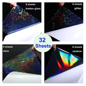 32 Sheets Holographic Clear Vinyl Holographic Sticker Paper Self Adhesive Waterproof Transparent Overlay Film Holographic Overlay with A4 (11.7 x 8.3 Inch) 4 Styles Mixed