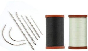 upholstery repair kit with 2 spools (1 white & 1 black spool) and 7 different sized needles | leather repair kit, furniture, clothes, car, fabric, couch, vinyl, boat, seat, carpet, shoe | patch fabric