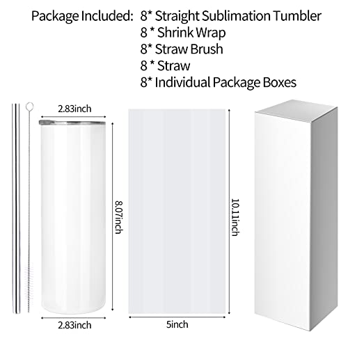 D·S 8 Pack Sublimation Tumblers 20 oz Skinny Stainless Steel Insulated Straight Sublimation Tumbler Blank with Straw, Lid, Brush and Shrink Wrap