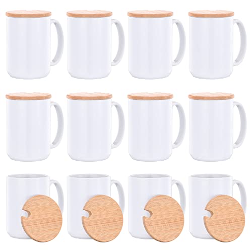 RAINBOWTIE Sublimation Mugs 15 oz Sublimation Mugs Blank with Bamboo Lid White Coffee Mugs Sublimation Coffee Mugs Coffee Cup with Lid Set of 12