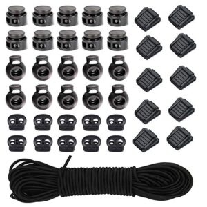 ud 40pcs plastic cord locks with 18-inch 65ft elastic cord stretch string for drawstring, shoelaces, clothing, backpack, bags (black)