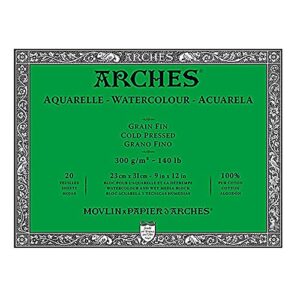 arches watercolor block 9×12-inch natural white 100% cotton paper – 20 sheets of arches watercolor paper 140 lb cold press – arches art paper for watercolor gouache ink acrylic and more