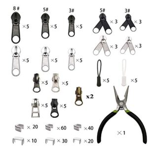 Zipper Repair Kit 255 Pcs Zipper Replacement Kit with Zipper Install Pliers Tool and Zipper Extension Pulls for Clothing Jackets Purses Luggage Backpacks Tents Sleeping Bag