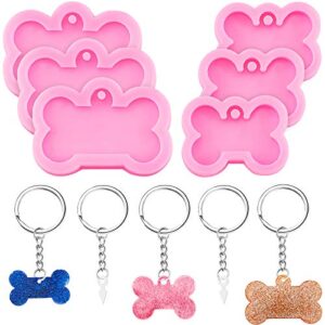 6 pieces dog bone silicone mold dog tag keychain mold kit diy dog tag pendant baking epoxy resin clay mold with 10 pieces big key ring for kitchen or homemade crafts, 2 sizes