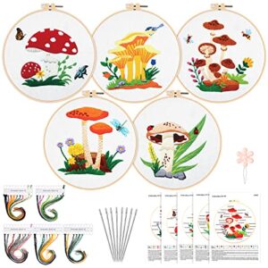 5 sets embroidery starter kit with patterns and instructions mushroom cross stitch set for beginners diy adult kids beginner cross stitch set with mushroom pattern embroidery hoops needles threads