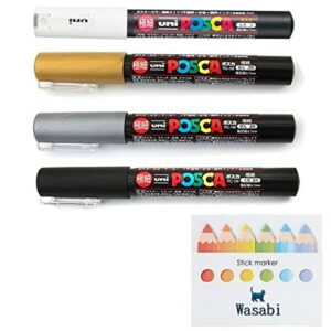 uni Posca Paint Marker Extra Fine (0.7mm) SPECIAL SET!! - WHITE/GOLD/SILVER/BLACK, Wasabi Sticky note