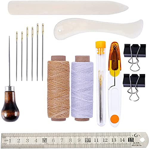 Set of 16 Bookbinding Kit Tools Set Bone Folder Paper Creaser, Waxed Thread, Awl, Large-Eye Needles for DIY Bookbinding Crafts and Sewing