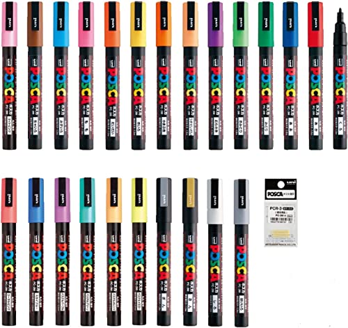 Posca Marker Acrylic Paint Pens Fine Point Tip width 0.9-1.3mm 24 colors PC-3M, For Rock Painting, Fabric, Glass Paint, Metal Paint Including Pens Tip Refill PCR-3