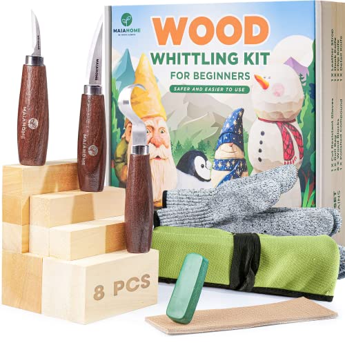 Wood Whittling Kit for Beginners - Experience Ideal for Novice Wood Carvers, Complete with 3 Carving Knives, 8 Basswood Blocks, and Safety Gloves. A Great Wood Carving Tools Set for Adults and Kids