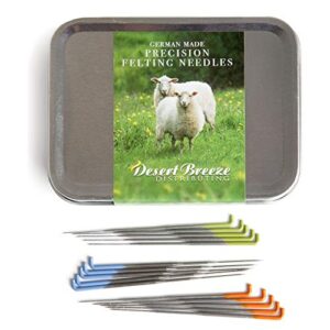 precision felting needles for wool, essential tools for beginner to expert, german made, high carbon steel, color coded, gauges 36 star, 38 star, and 40 spiral, metal sharps container for safe storage