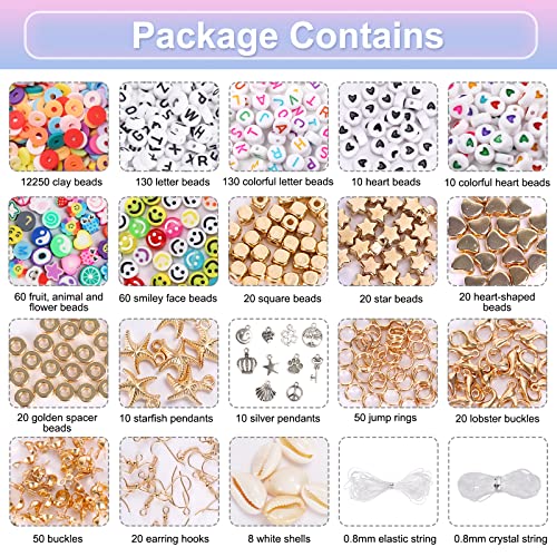 QUEFE 12900pcs Clay Beads for Bracelet Making 49 Colors Spacer Heishi Beads Flat Round Polymer Clay Beads for Jewelry Making Kit with Smiley Fruit Flower Beads Pendant Charms Kit and Elastic Strings