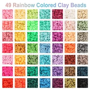 QUEFE 12900pcs Clay Beads for Bracelet Making 49 Colors Spacer Heishi Beads Flat Round Polymer Clay Beads for Jewelry Making Kit with Smiley Fruit Flower Beads Pendant Charms Kit and Elastic Strings