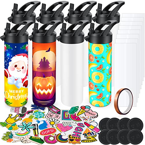 8 Pack 20oz Sublimation Tumbler Set Triple-Insulated Stainless Steel Sports Water Bottle with Straw Lid Blank Sublimation Cup with DIY Stickers, Shrink Wrap, Rubber Base, Heat Tape for Heat Transfer