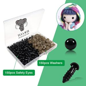 TOAOB 150pcs 6mm Black Plastic Safety Eyes Crafts Safety Eyes with Washers for Stuffed Animals Amigurumis Crochet Bears Doll Making