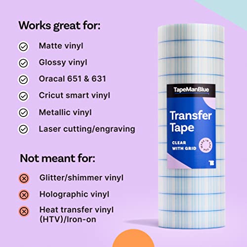 12" x 100' Roll of Clear Transfer Tape for Vinyl, Made in America, Vinyl Transfer Tape with Alignment Grid for Cricut Crafts, Decals, and Letters