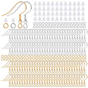 1200pcs 925 sterling silver ear wire earrings making supplies kit, silver hypoallergenic earring fish hooks, jump rings clear silicone earring backs for diy jewelry making (silver and gold)