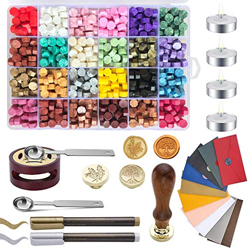 Wax Seal Kit, Wax Seal Stamp Kit with 648 Pcs Wax Seal Beads, 2 Wax Stamps, 10 Envelopes, 1 Warmer, 2 Metal Pens, 2 Spoon and 4 Candles, Ideal for Wedding Invitations, Gift Wrapping, Christmas Letters