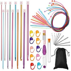 tunisian crochet hooks set 2-8 mm aluminum afghan crochet hooks, 3.5-12 mm plastic cable weave knitting needle with storage bag, scissors, stitch markers, blunt needles, measure tape for beginner