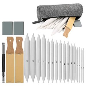 22 pcs sketch drawing tools, agptek 16 blending stumps set with 2 sandpaper pencil sharpeners, 1 pencil extension tool, 2 erasers & 1 felt bag for student sketch drawing accessories