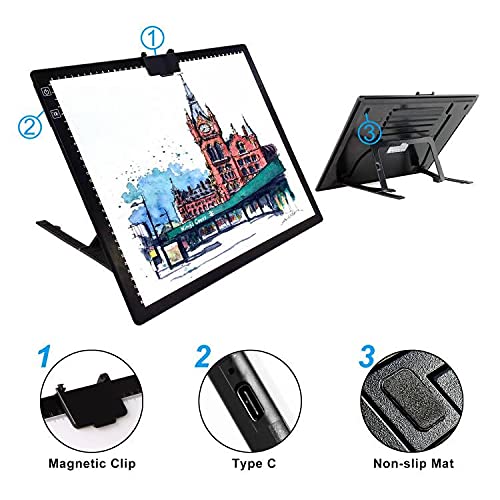 A3 Light Pad, TOHETO Wireless Battery Powered Light Box 3 Colors Stepless Dimmable and 6 Levels of Brightness Light Board for Tracing, Rechargeable LED Copy Board for Diamond Painting, Sketching