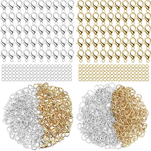 600 Pieces Lobster Clasps and Open Jump Rings Set Lobster Claw Clasps for Jewelry Making and Bracelets (Gold, Silver)