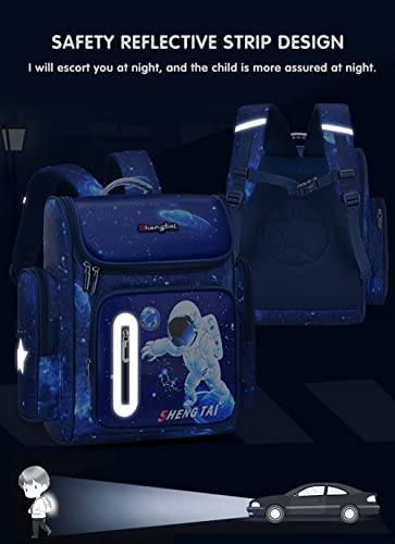 Astronaut School Backpack for Boys Large Capacity Waterproof Light Weight Schoolbag Bookbag for Kids Primary School Student (Blue)