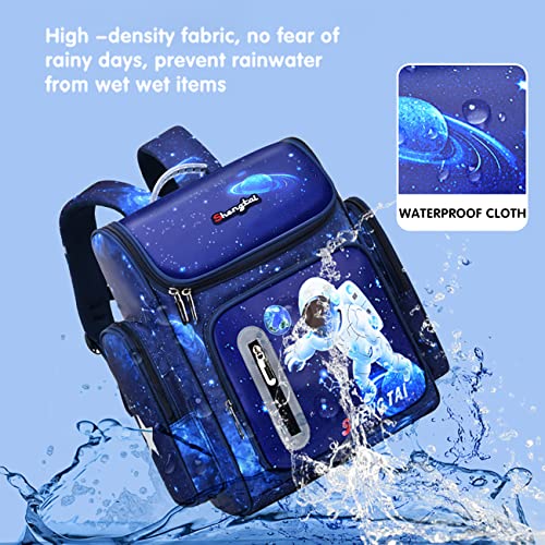 Astronaut School Backpack for Boys Large Capacity Waterproof Light Weight Schoolbag Bookbag for Kids Primary School Student (Blue)