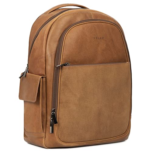 VELEZ Leather Backpack for Men - 15 Inch Laptop Bag - Business Travel Daypack - Slim Designer Bookbag Tan