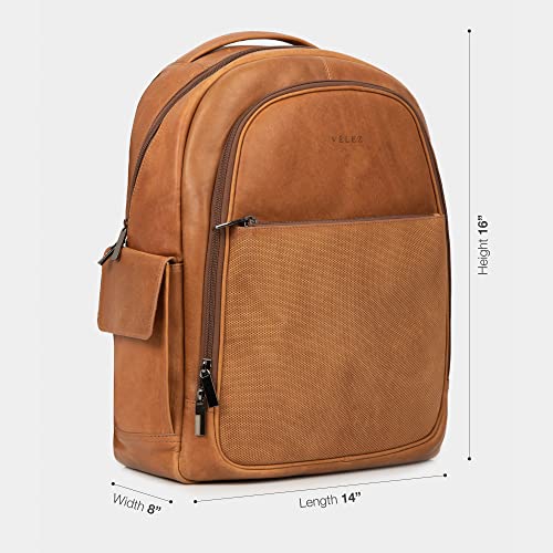 VELEZ Leather Backpack for Men - 15 Inch Laptop Bag - Business Travel Daypack - Slim Designer Bookbag Tan