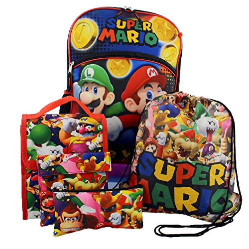 Super Mario Boys Girls 5 piece Backpack Lunch and Snack Bag School Set (One Size, Multicolor)