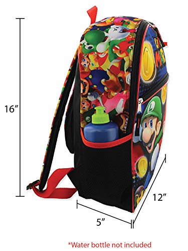 Super Mario Boys Girls 5 piece Backpack Lunch and Snack Bag School Set (One Size, Multicolor)