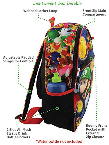 Super Mario Boys Girls 5 piece Backpack Lunch and Snack Bag School Set (One Size, Multicolor)