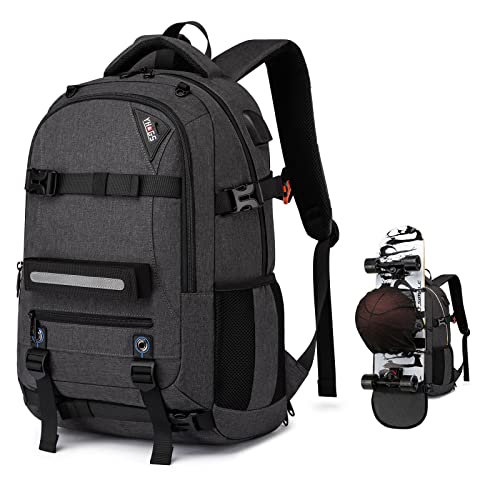 RUCYEN Skateboard Backpack, Laptop Backpack with USB Charging Port, RFID Anti-Theft Lock, Waterproof Fabric, Fits up to 15.6 Inch Laptop, for College School Business Travel Men Boy (Dark Grey)