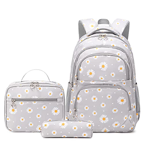 Backpack for Girls Kids Bookbag Primary School Daypack Teens Girls Bags with Lunch Box set (Daisy Grey)