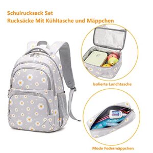 Backpack for Girls Kids Bookbag Primary School Daypack Teens Girls Bags with Lunch Box set (Daisy Grey)