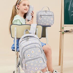 Backpack for Girls Kids Bookbag Primary School Daypack Teens Girls Bags with Lunch Box set (Daisy Grey)