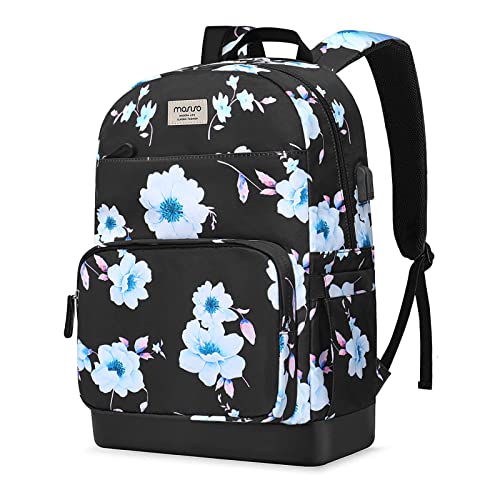 MOSISO 15.6-16 inch 20L Laptop Backpack for Women Girls, Polyester Anti-Theft Casual Daypack Bag with Luggage Strap&USB Charging Port, Sampaguita Flower Travel Business College School Bookbag, Black