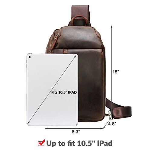 TIDING Full Grain Leather Sling Bag For Men Outdoor Travel Shoulder Chest Daypack Fits 10.5" iPad