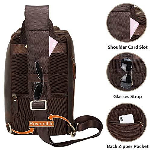 TIDING Full Grain Leather Sling Bag For Men Outdoor Travel Shoulder Chest Daypack Fits 10.5" iPad