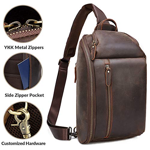 TIDING Full Grain Leather Sling Bag For Men Outdoor Travel Shoulder Chest Daypack Fits 10.5" iPad