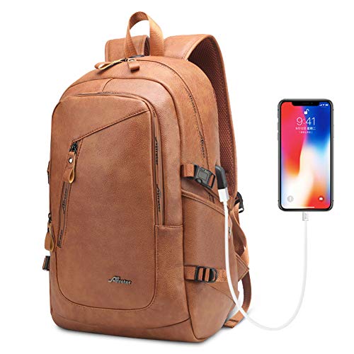 DYJ Vegan Leather Laptop Backpack for Women&Men, Faux Leather Vintage School Students Bookbag Weekend Travel Daypack with USB Charging Port Fit 15.6 Inch Laptops