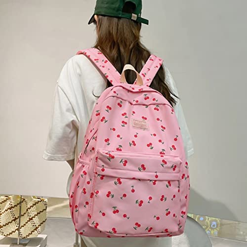 Kawaii Backpack for Teen Girls Lovely Cute Cherry Bookbag Casual Schoolbag with Laptop Compartment (Pink)